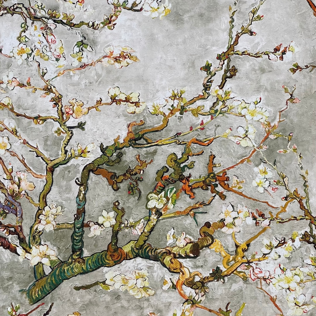 Almond Blossoms Van Gogh Painting Cotton Fabric Grey Green Yellow Tones ...