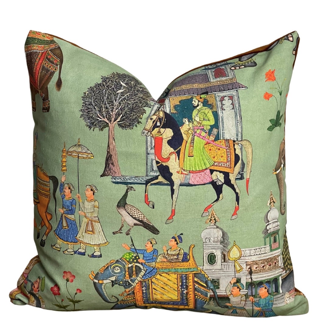 Green Cushion Cover in Indian-inspired Print With Maharaja Horses ...
