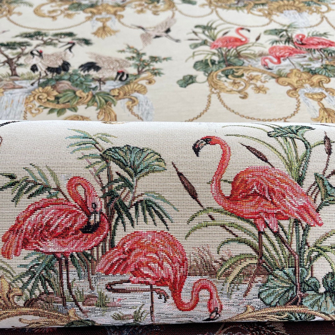 Flamingo Woven Fabric Crowned Crane Birds and Flowers Botanical Pattern ...