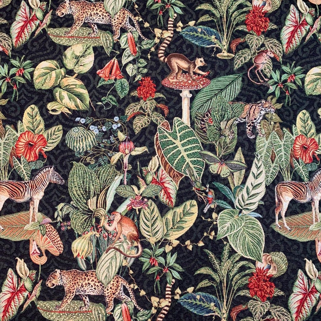 Jungle Kingdom Black Woven Upholstery Fabric Animals Zebra Leopard ...