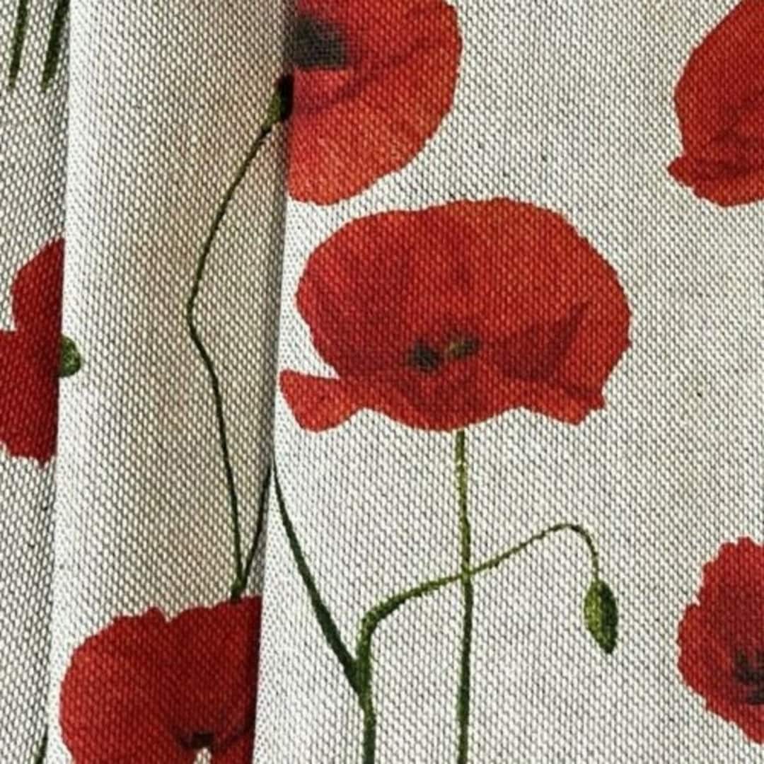 Red Poppy Printed Cotton Linen Fabric Green Leaves Flowers Blooming ...