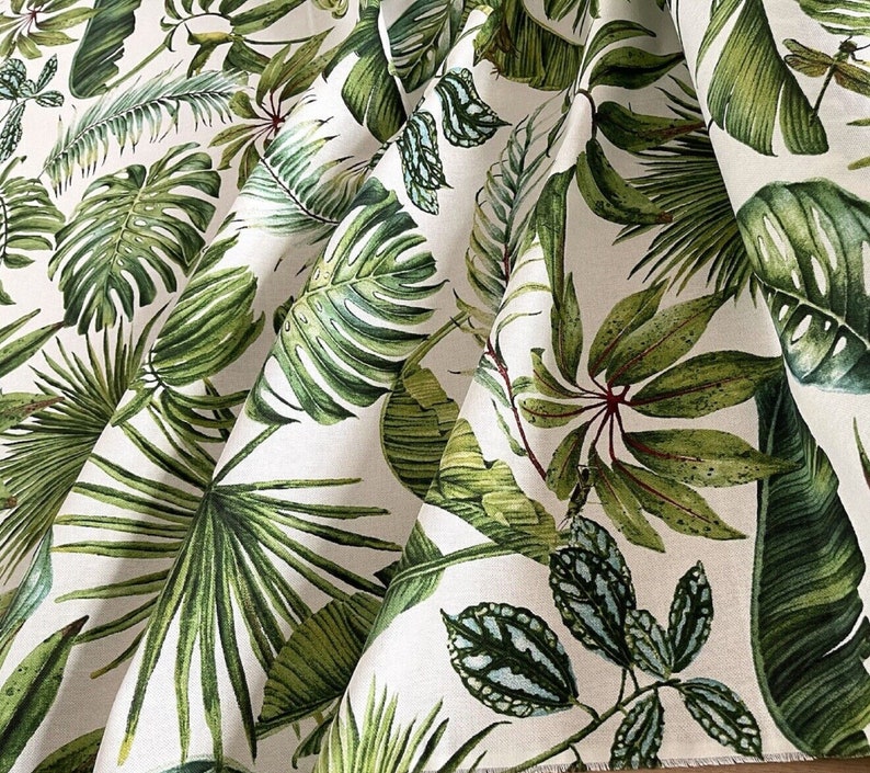 Botanical Leaves Printed Cotton Fabric by Meter White Green - Etsy UK
