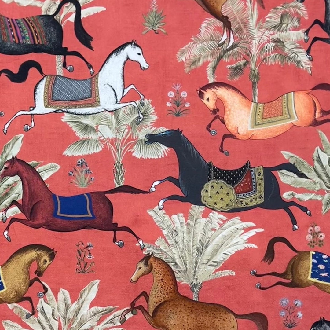 Arabian Horses Printed Cotton Rusty Red Fabric Palm Tree Animal ...