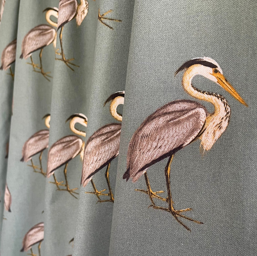 Herons Printed Cotton Fabric by Meter Bird Pattern Green Teal Petrol ...