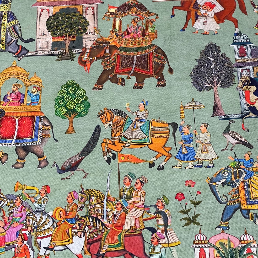 Elephants & Palms/ Pattern Jaipur / Green Tea Cotton Fabric for Chic ...