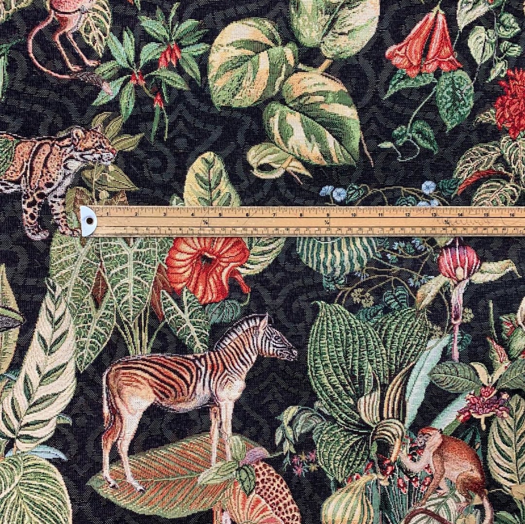 Jungle Kingdom Velvet Fabric: Animals, Botanical Leaves - Upholstery ...