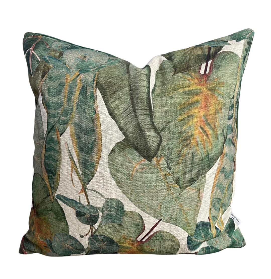 Tropical Leaves Cushion Cover Green and Yellow Plants With Golden ...