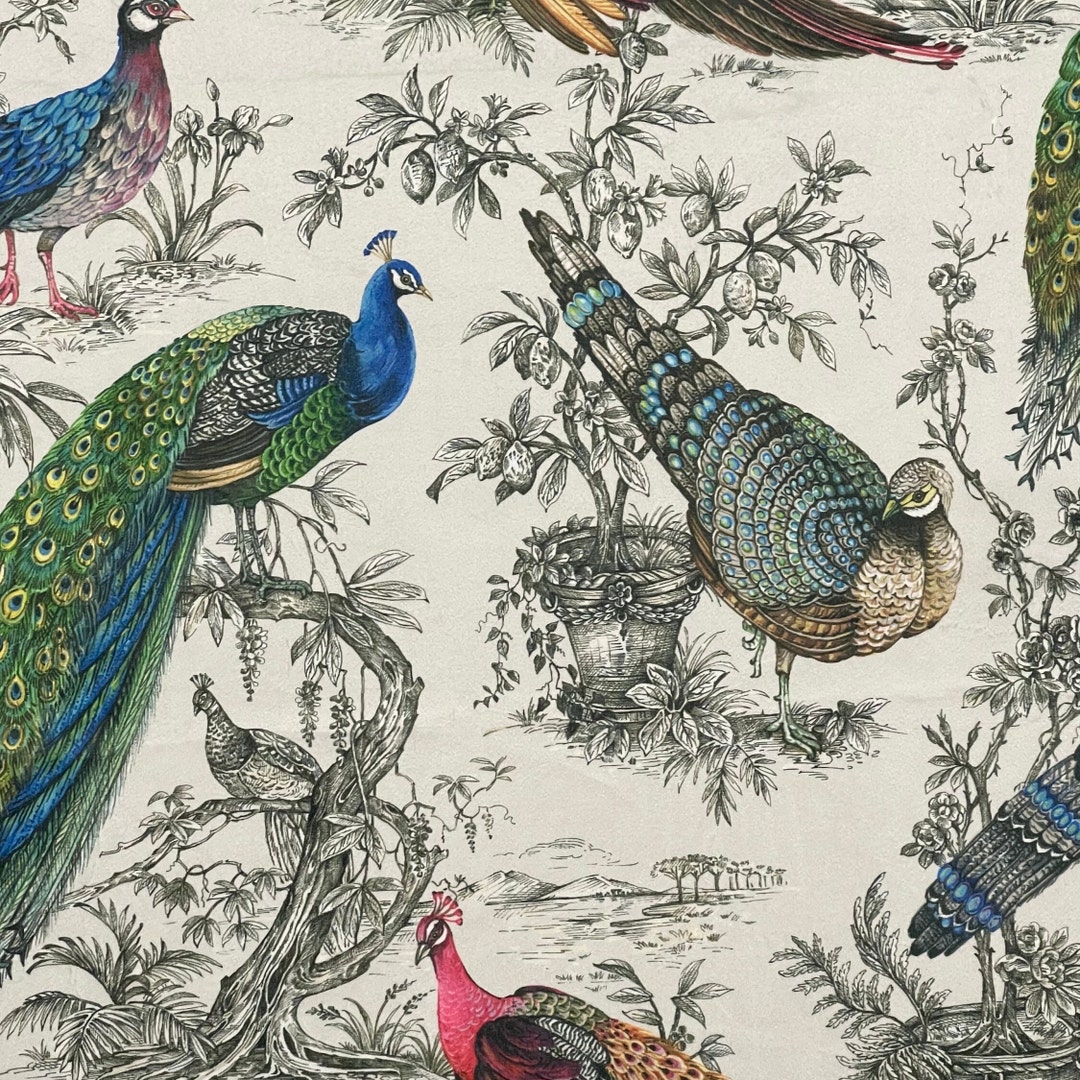 Peacock White Velvet Fabric – Pheasant Birds, Feathers, and Floral ...