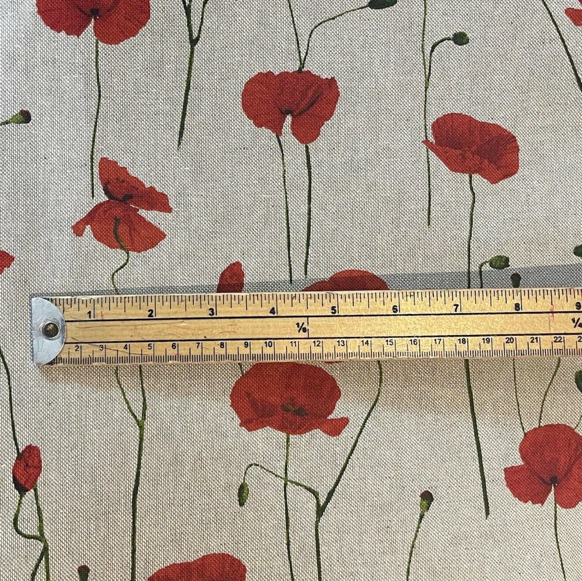 Red Poppy Printed Cotton Linen Fabric Green Leaves Flowers Blooming ...