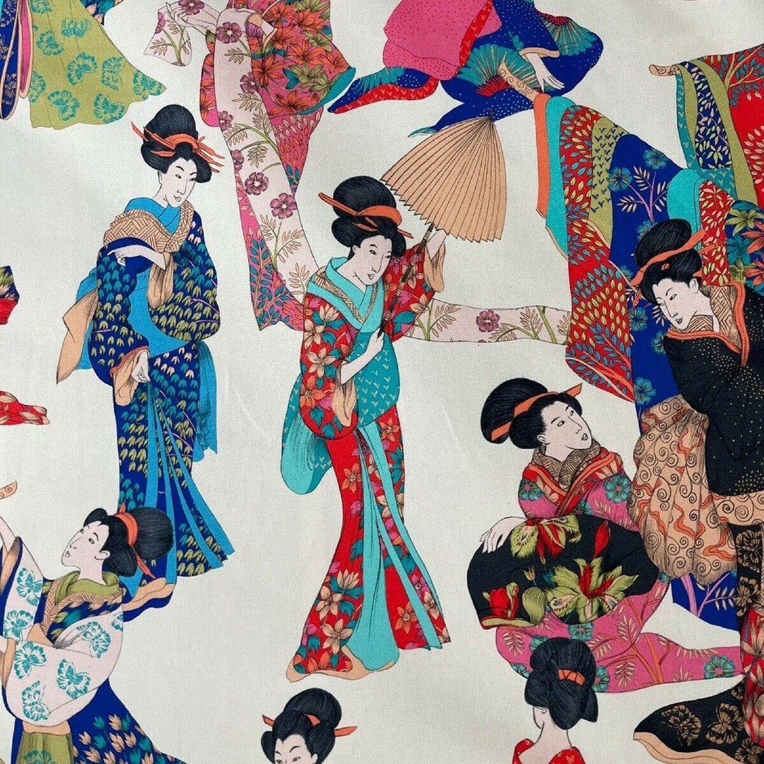 Beige Geisha Printed Cotton Fabric Sold by Metre Japanese Lady Kimono ...