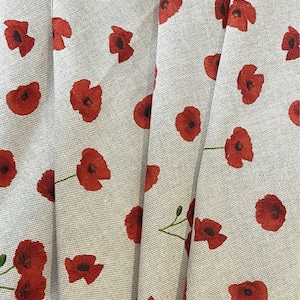 Poppy Printed Cotton Fabric Kitchen Leaves Red Flowers Meadow Blooming ...