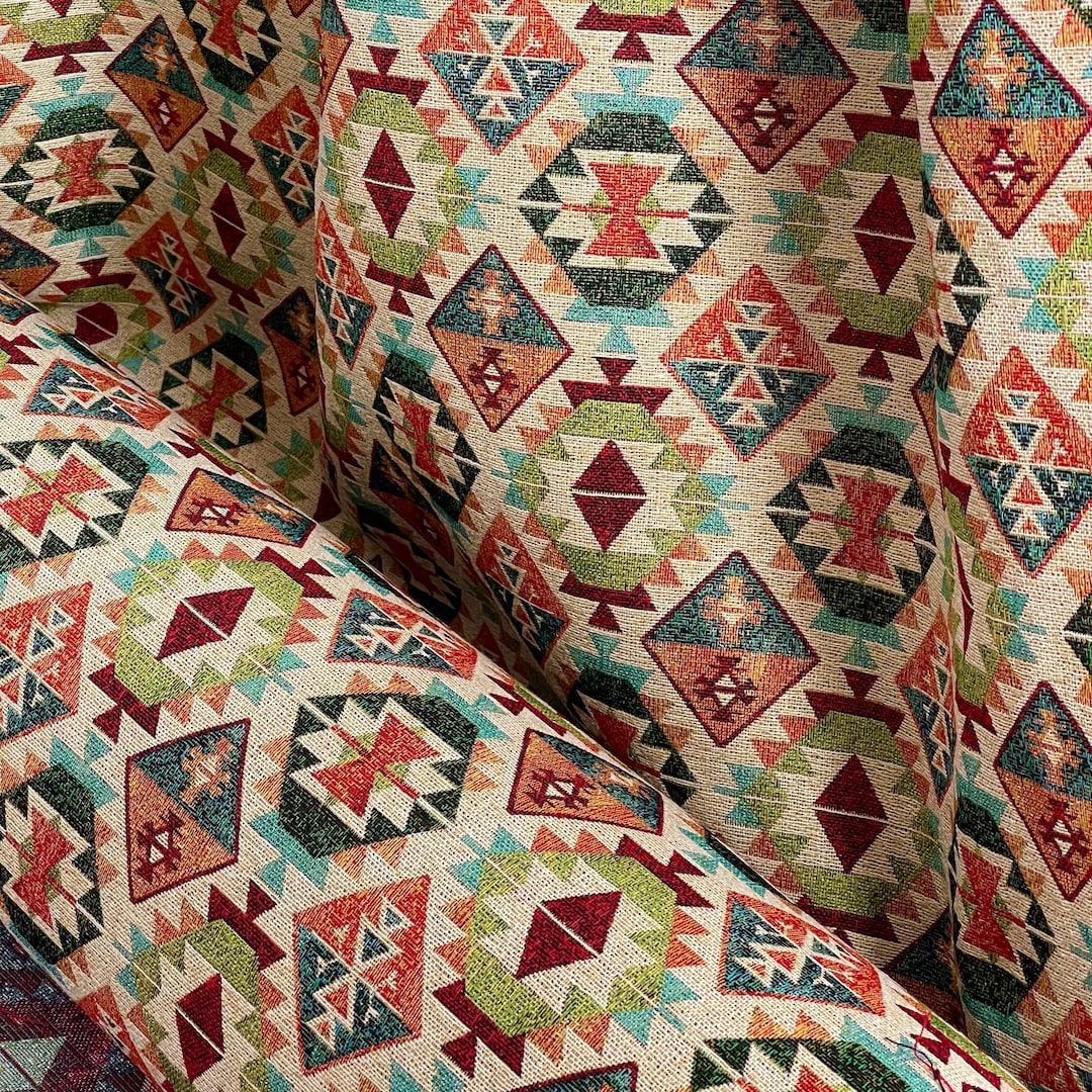 Moroccan-inspired Kilim Fabric: Cherry Red, Blue, and Green Unique Home ...