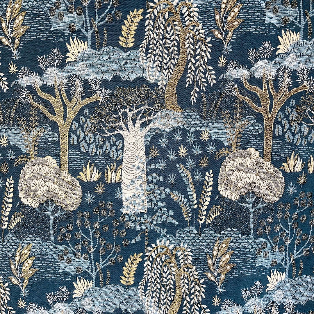 Tree of Life Woven Fabric: Baobab Pattern, Blue, Gold, off White - by ...