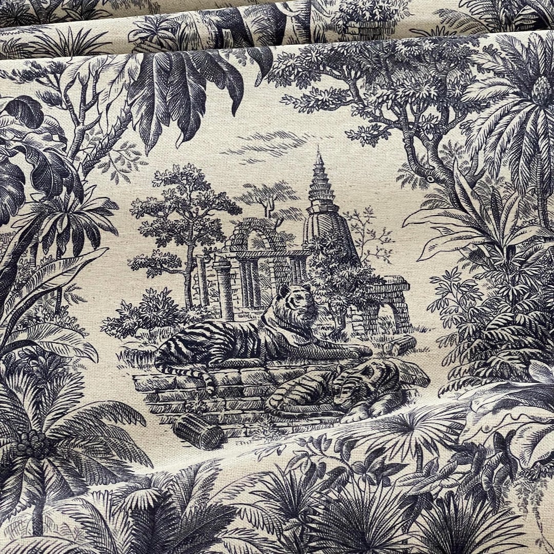 Toile Cotton Linen Fabric: Dark Blue Beige Tropical Print - Etsy