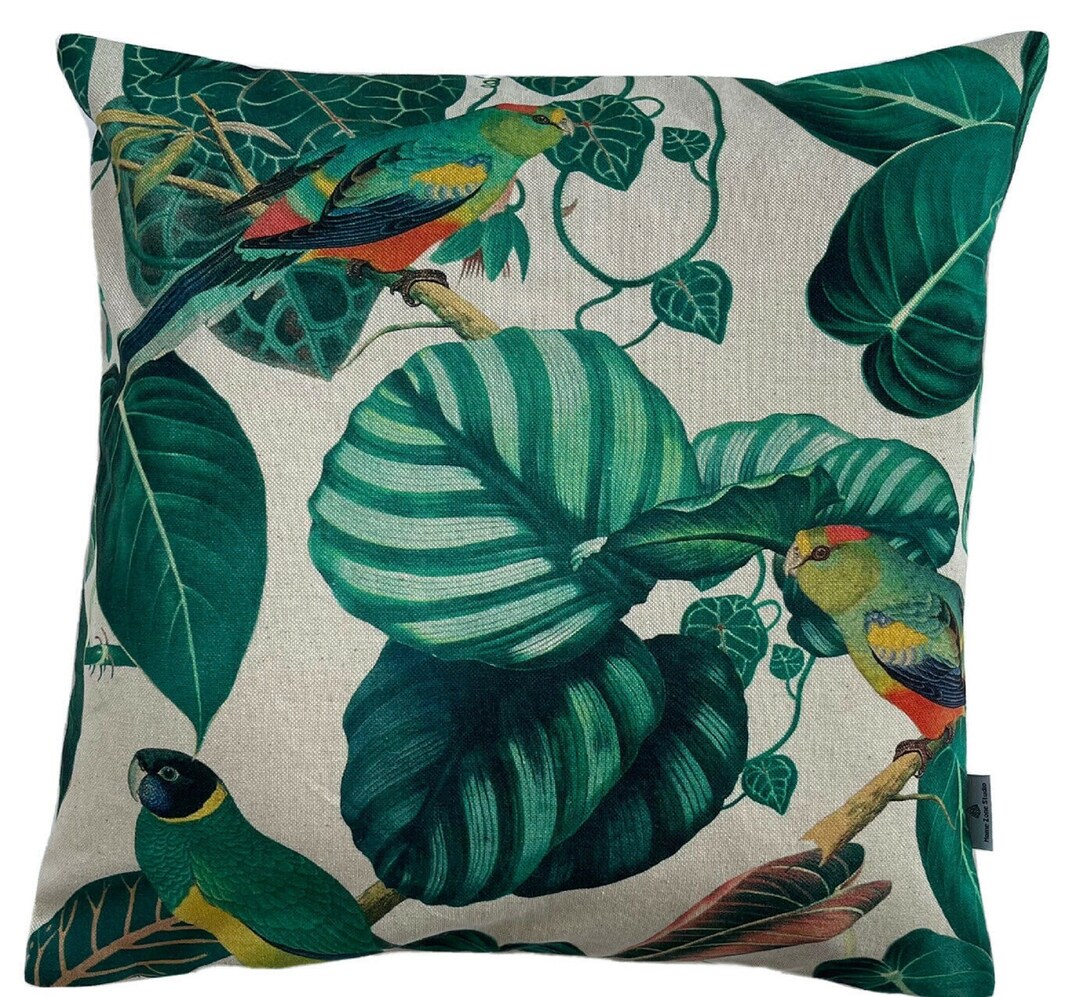 Parrots Cushion Cover Grey Green Printed Cotton Pillow Case Plants ...