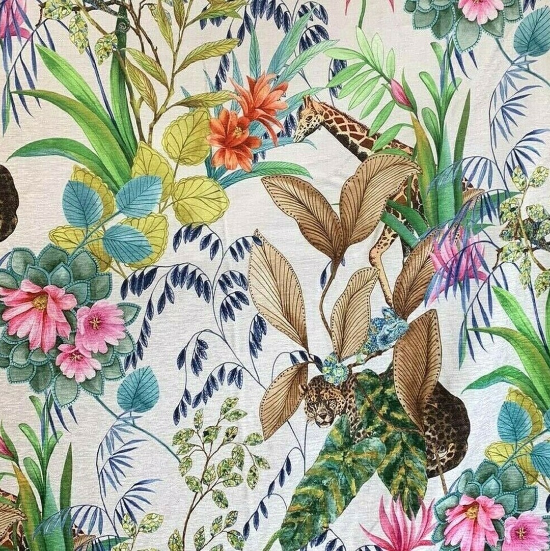 Chenille Printed Fabric Tropical Animals and Flowers Suitable for Light ...