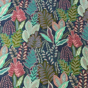 Botanical Garden Blue Fabric Forest Plants Leaves Printed Cotton Sold ...