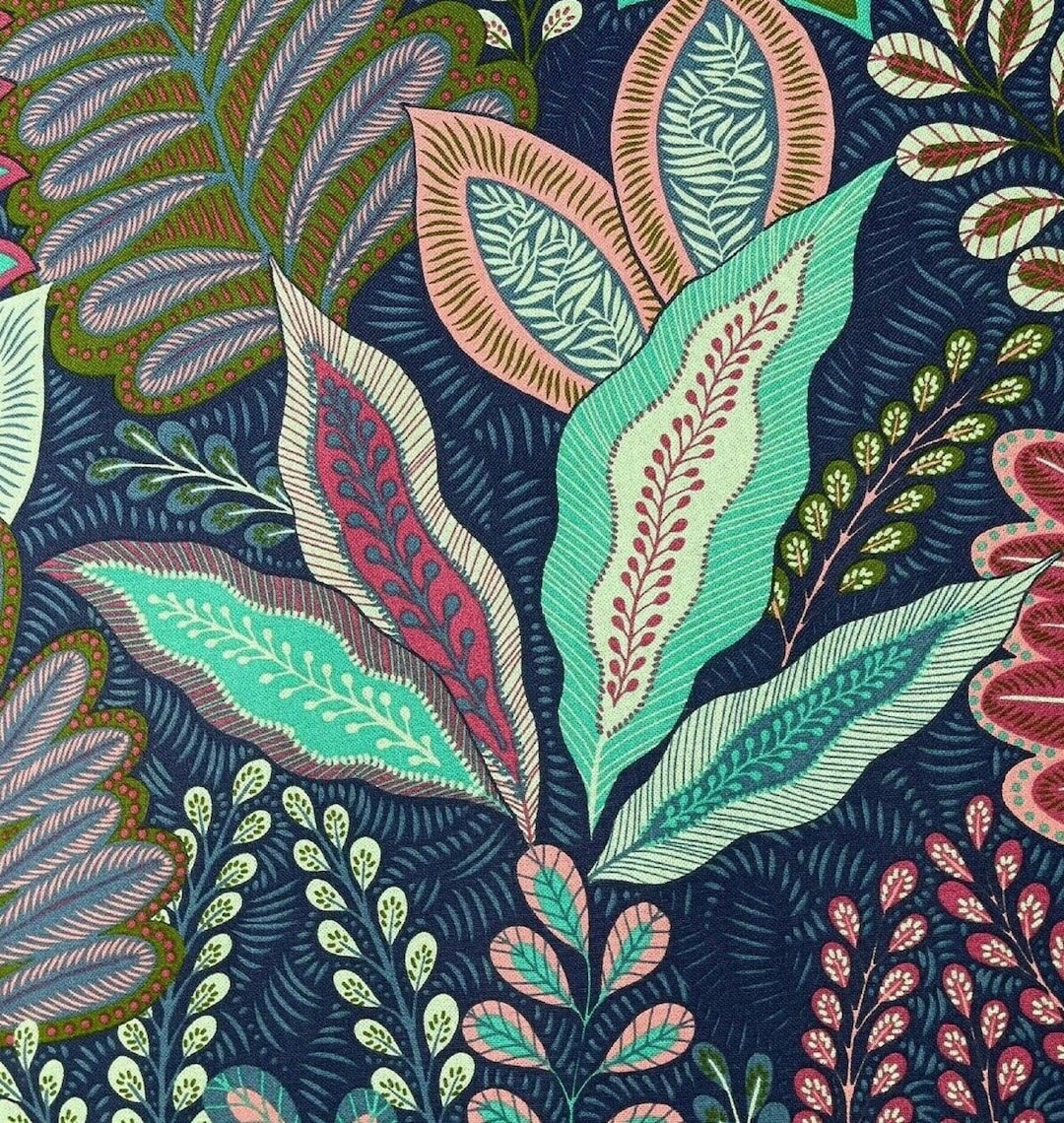 Botanical Garden Blue Fabric Forest Plants Leaves Printed Cotton Sold ...