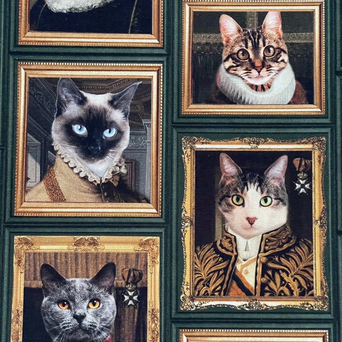 Royal Cats Cotton Printed Fabric - Golden Frames Classic Masterpieces ...