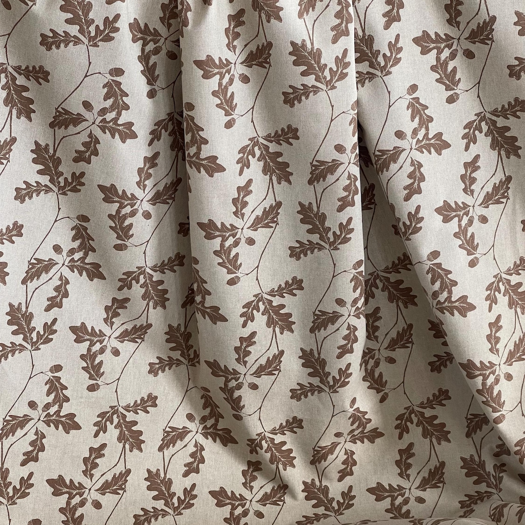 Oak Leaf & Acorn Print Fabric: Beige Cotton Blend Upholstery Material ...