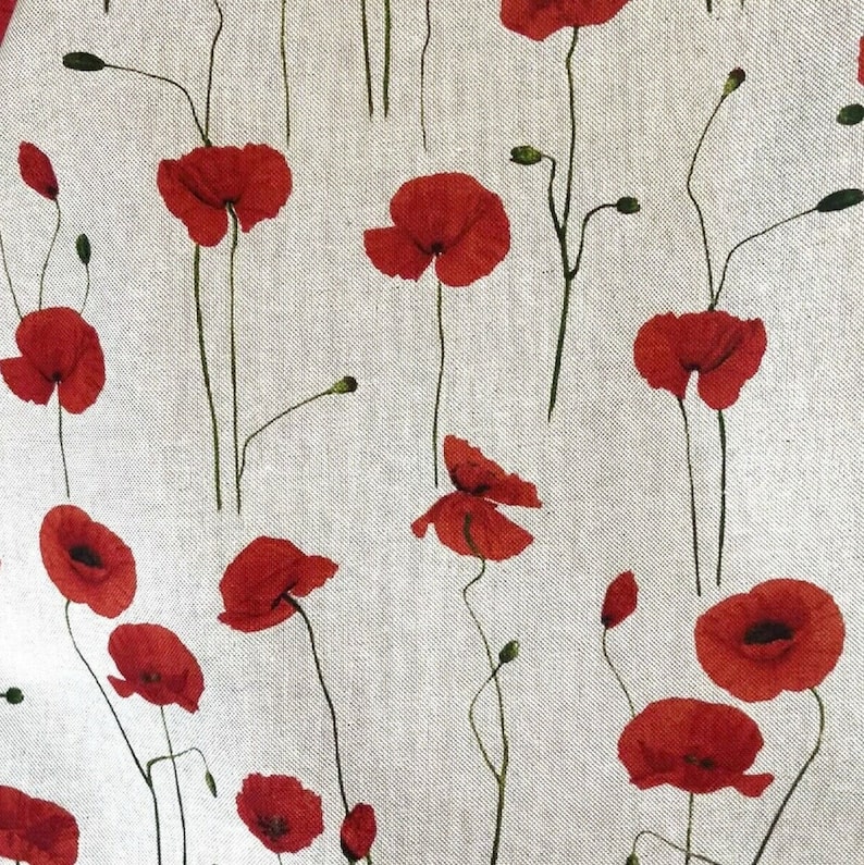 Red Poppy Printed Cotton Linen Fabric Green Leaves Flowers Blooming ...