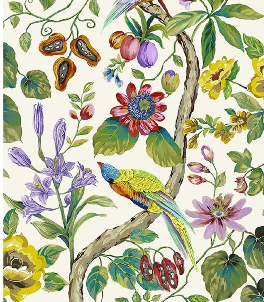Artistic Fabric Botanical Printed Birds Flowers Vibrant Colors Blue ...