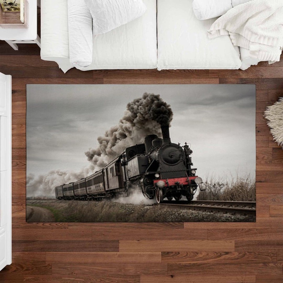 Vintage Black Train Area Rug Train Rug Gray and Red Indoor Rug Old ...