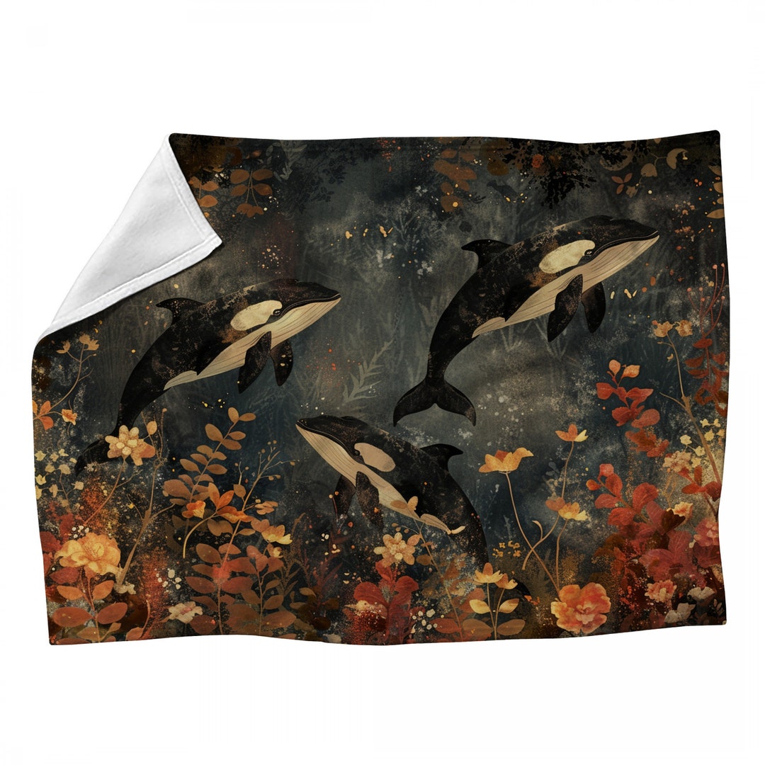 Orcas Blanket, Marine Life Blankets, Eclectic Sherpa Blanket, Graceful ...