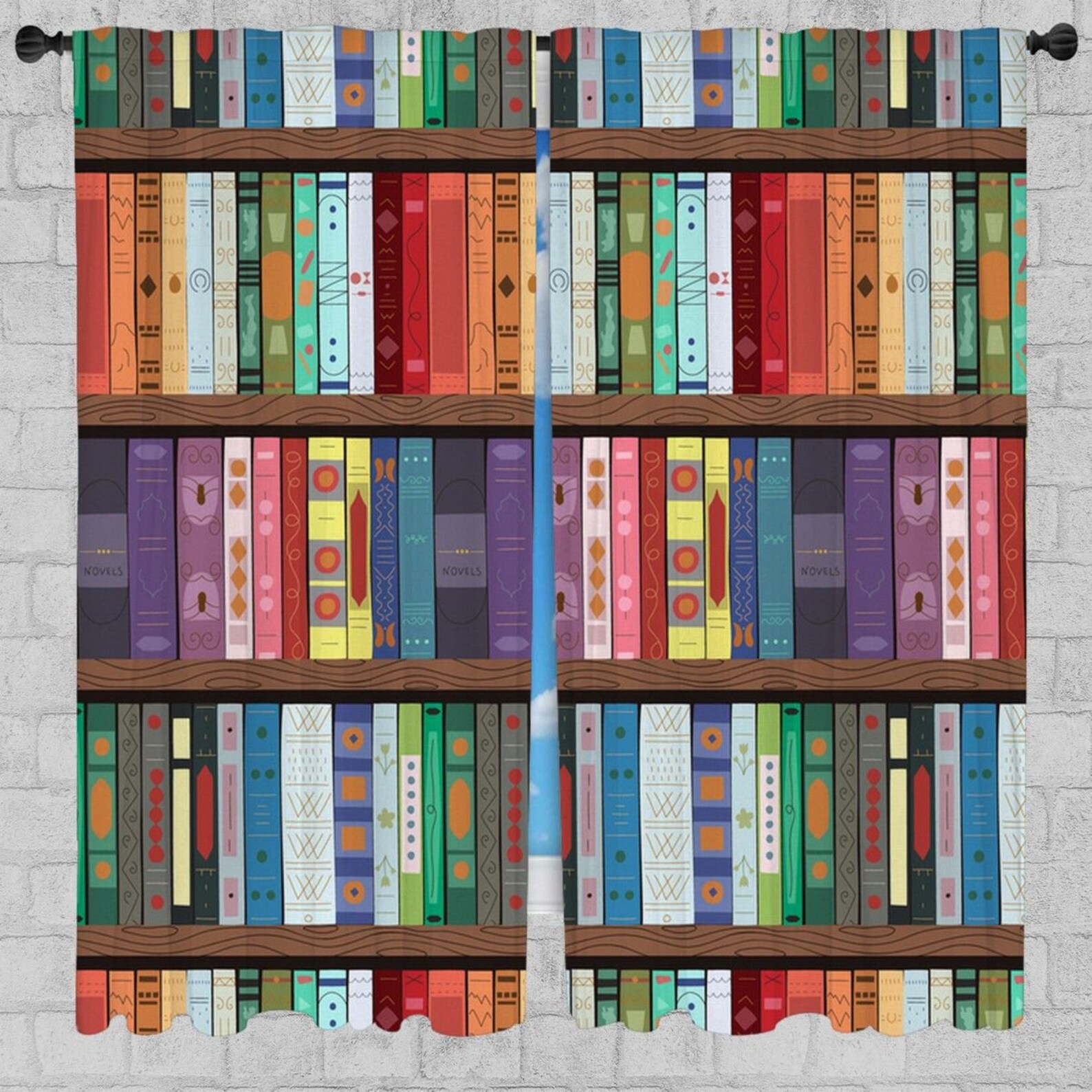 Books Window Curtains Wooden Bookcase Drapes Colorful Print - Etsy