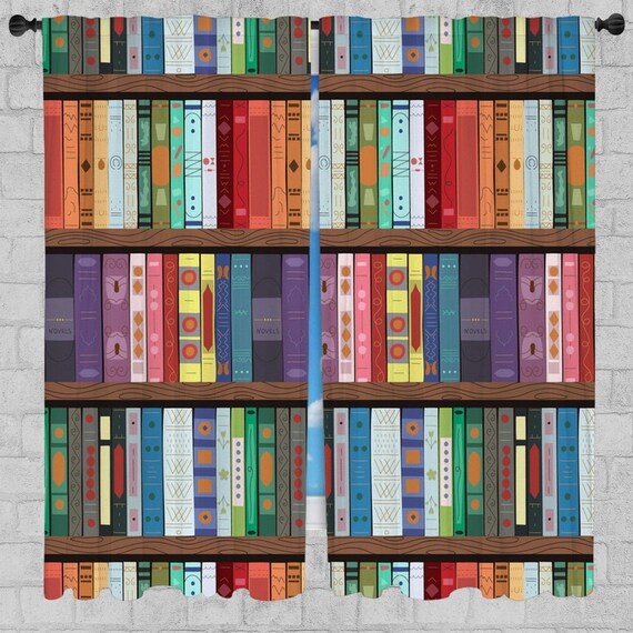 Books Window Curtains Wooden Bookcase Drapes Colorful Print - Etsy