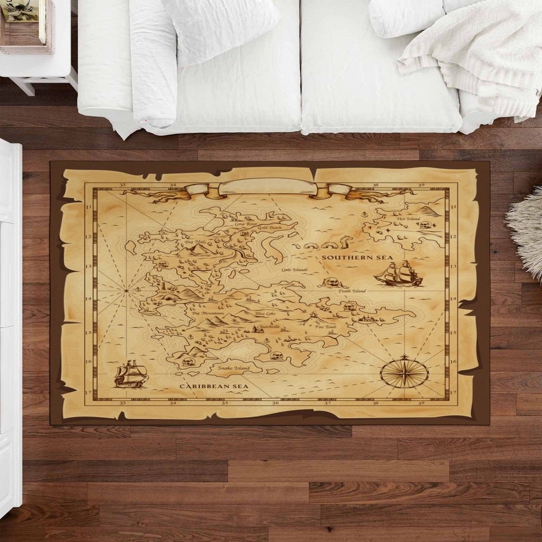 Map Rugs Brown Floor Mats Nautical Map Carpets Vintage Sketch Area Rug ...