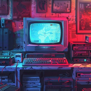 Computer Setup Wall Art, Technology Wall Decor, Cyber Tapestry, Neon ...