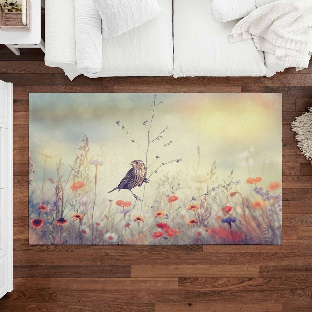 Wild Flower Rug Bird at A Flower Field Area Rug Cute Pastel Floral ...