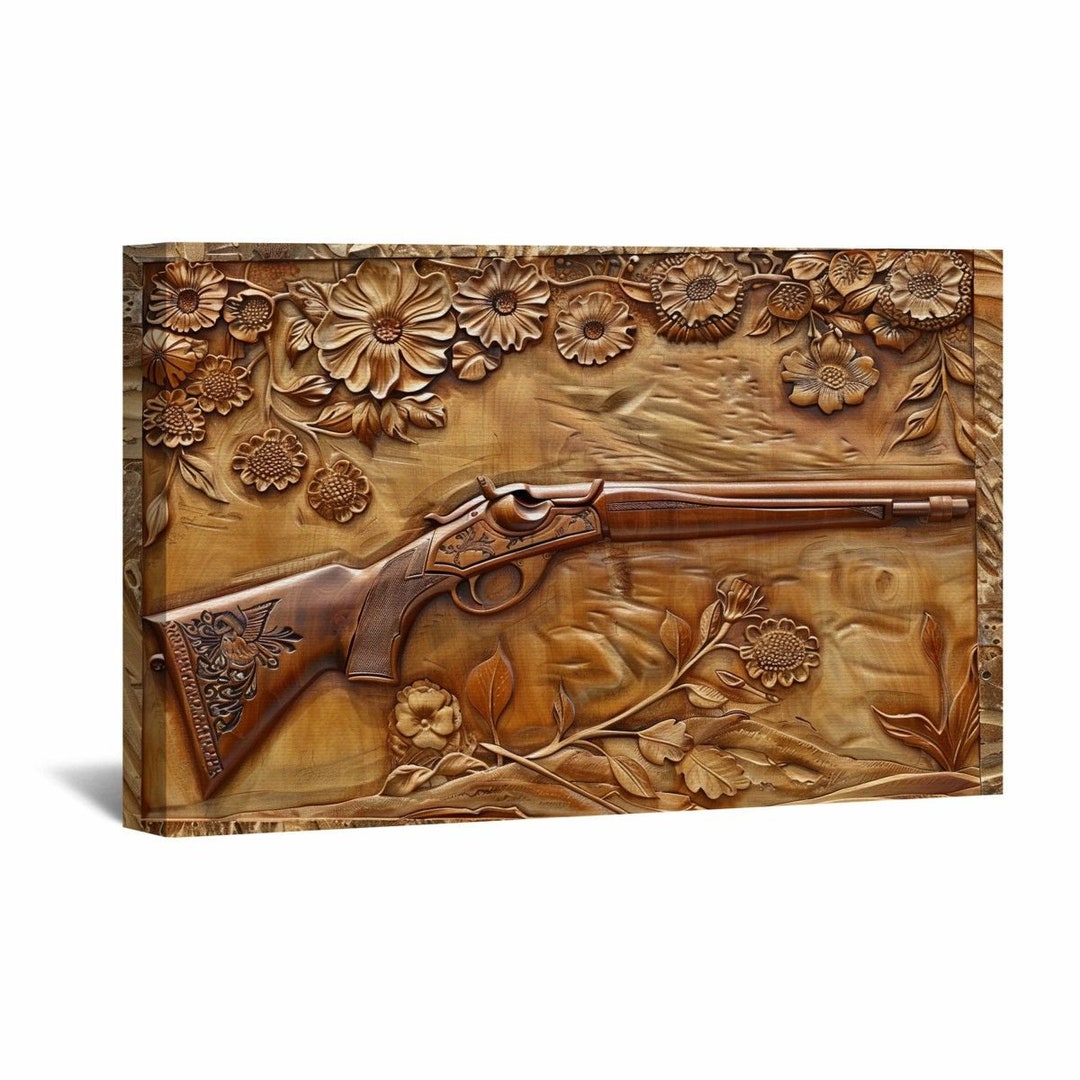 Rifle Wall Art, Carving Wall Decor, Floral Tapestry, Wooden Canvas Wrap ...