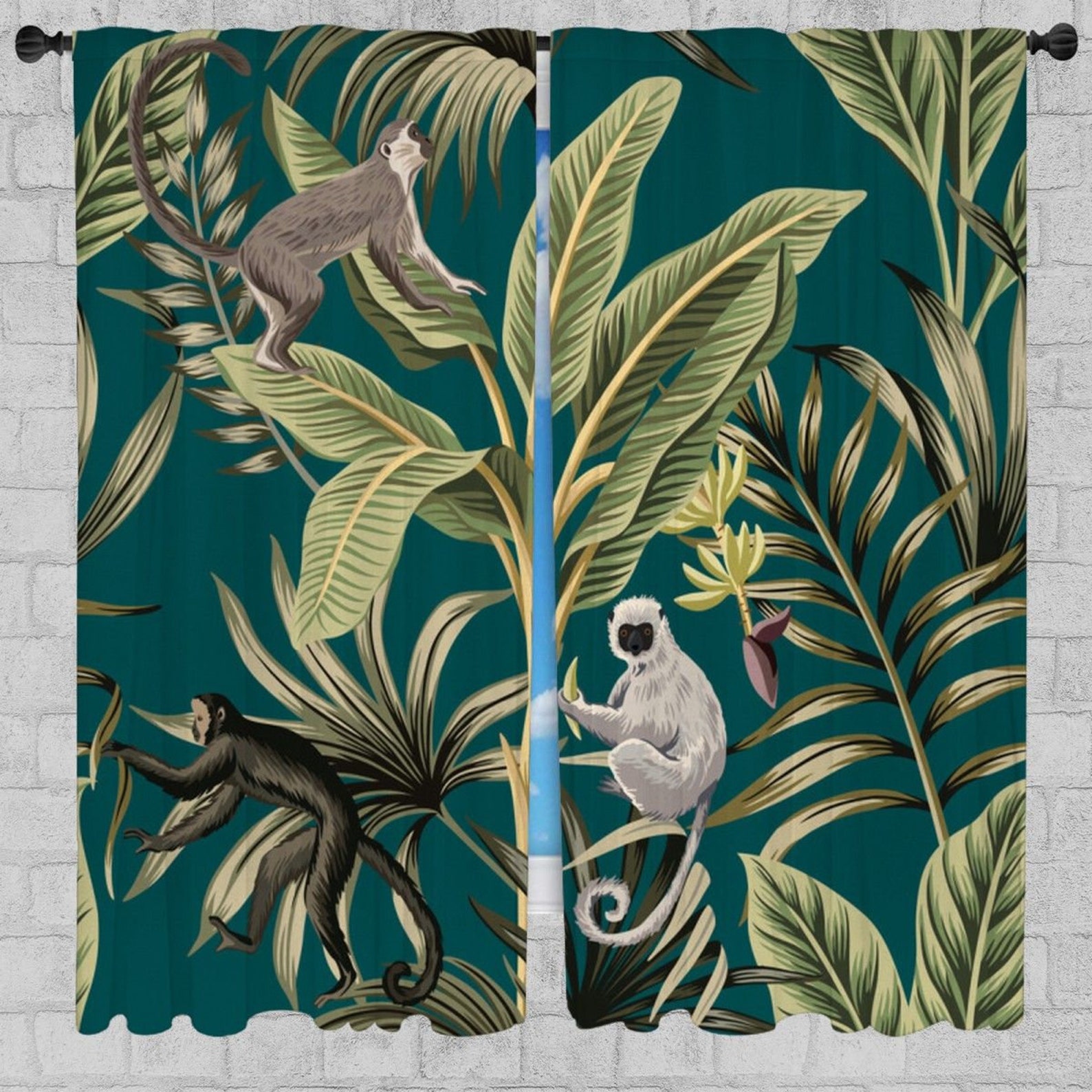Green Chinoiserie Curtain Panels: Exotic Monkey & Banana Tree Drapes - Etsy