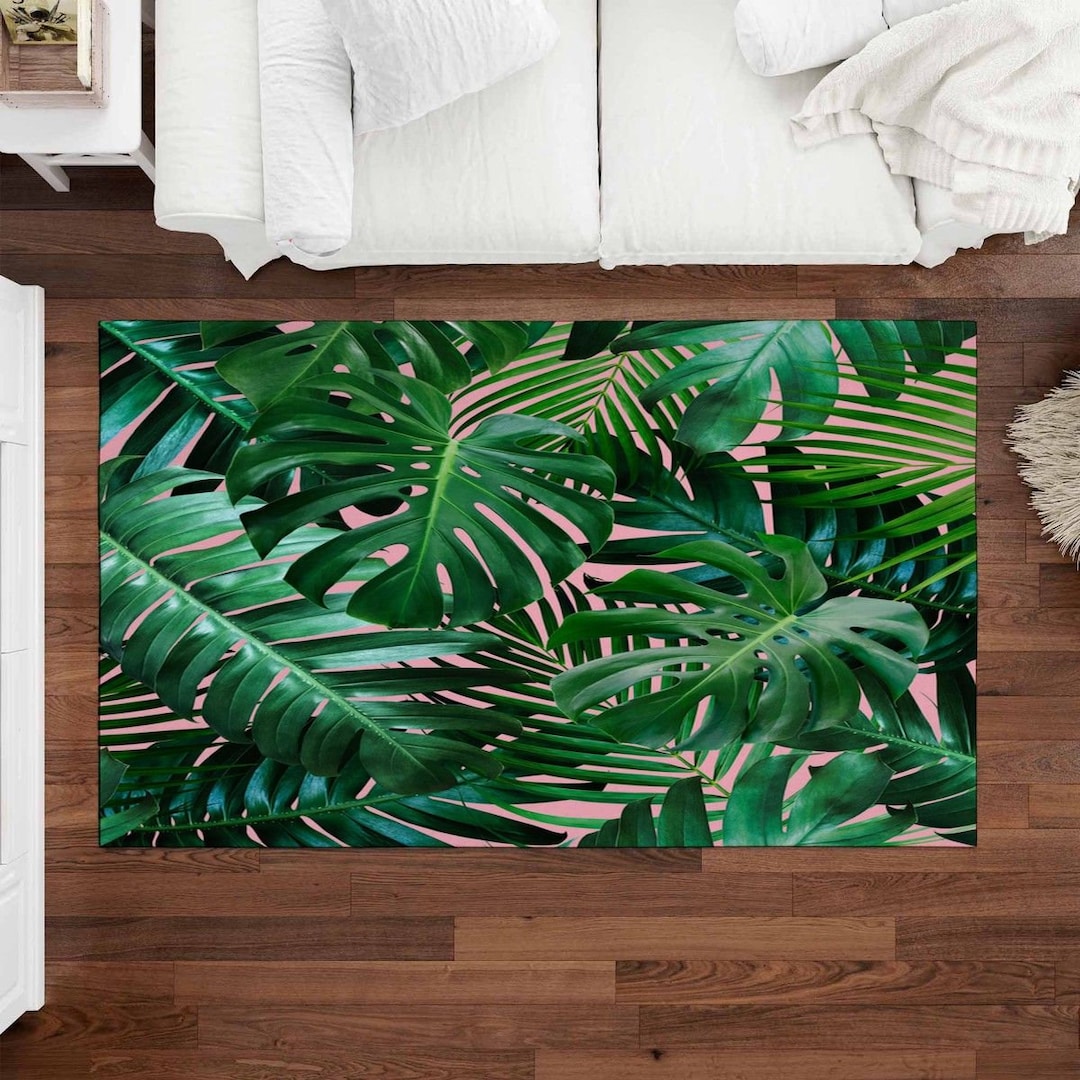 Palm Leaf Print Area Rug: Tropical Green & Pink Botanical Rug - Etsy