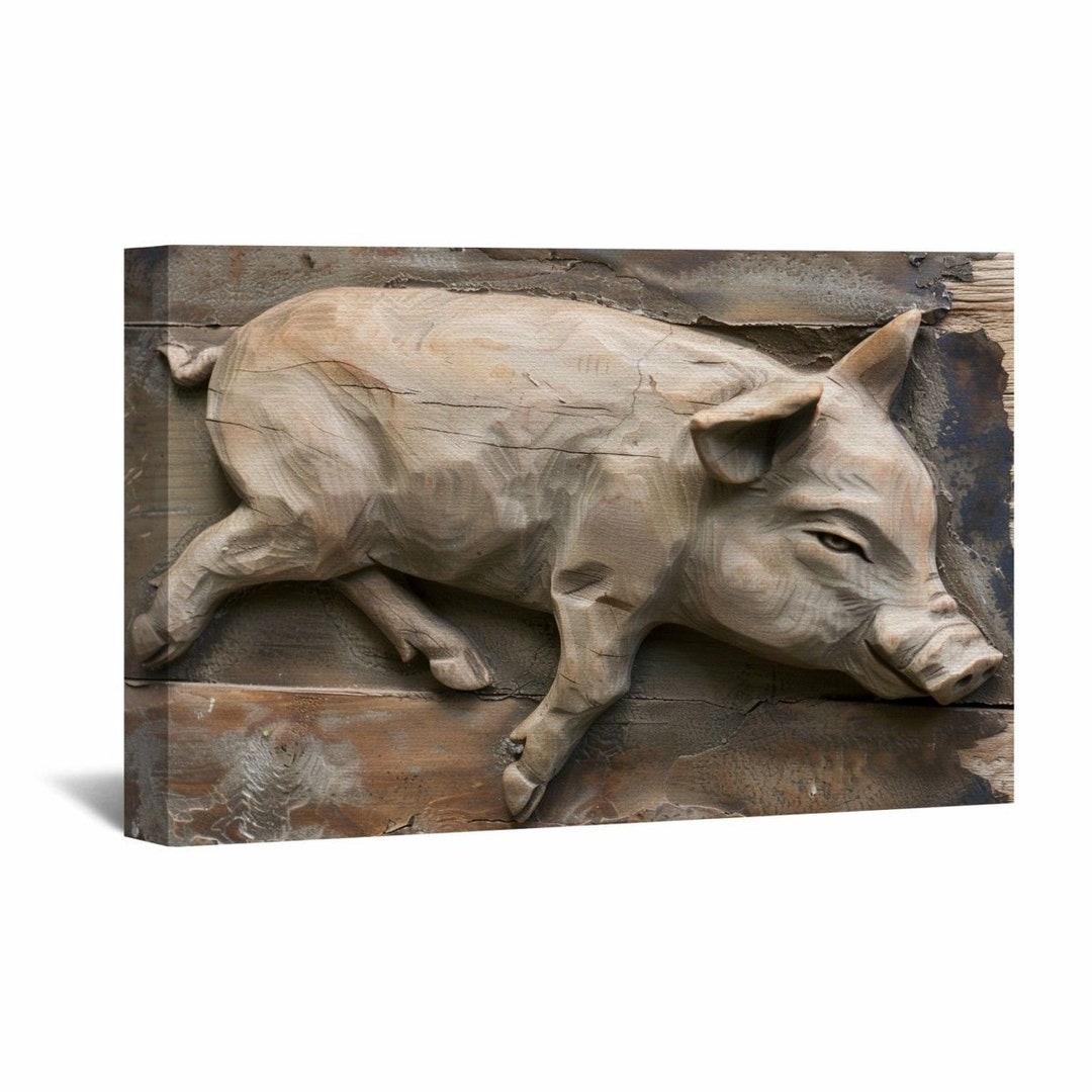Pig Wall Art, Carving Wall Decor, Crafted Tapestry, Wooden Canvas Wrap ...