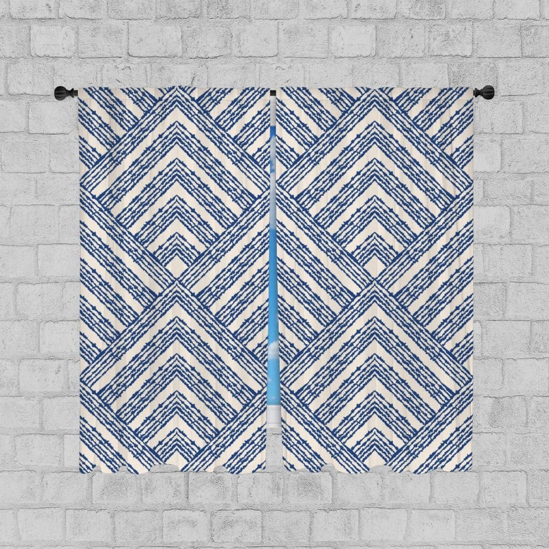 Blue Beige Patterns Window Curtains Abstract Geometric - Etsy