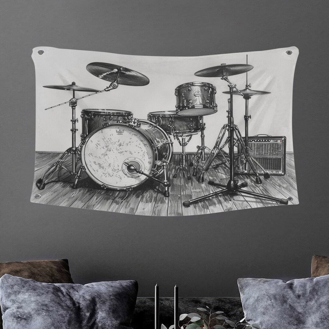 Drum Set Wall Art, Music Wall Decor, Detailed Instruments Tapestry ...