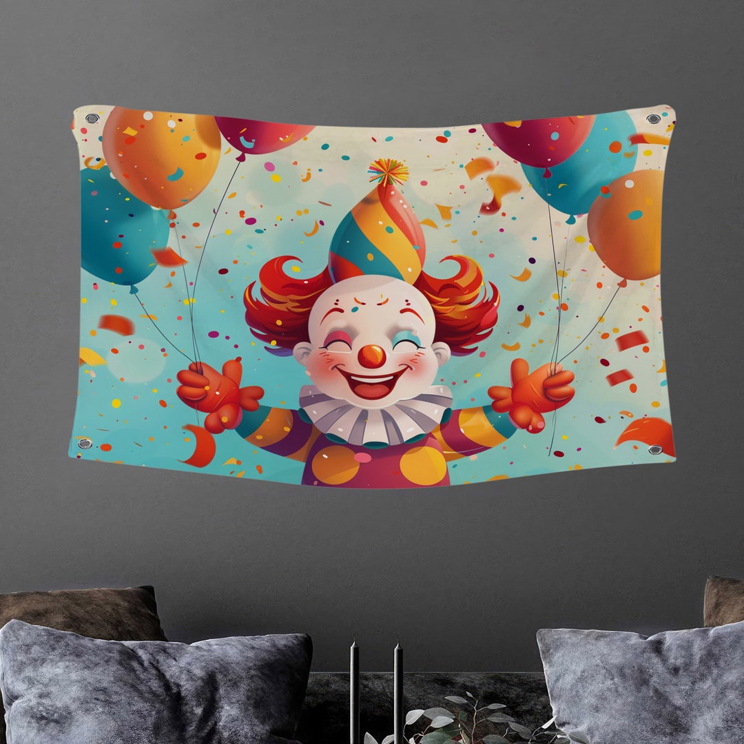 Clown Wall Art, Party Wall Decor, Joyful Balloons Tapestry, Vibrant ...