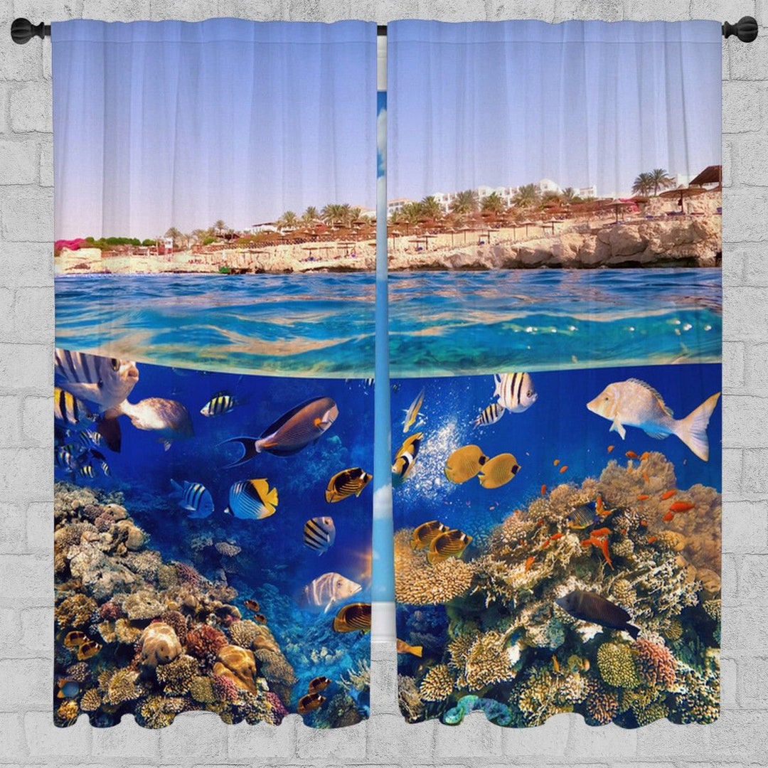 Tropical Fish Window Curtain Panel Fish and Coral Reef Print Drapes ...