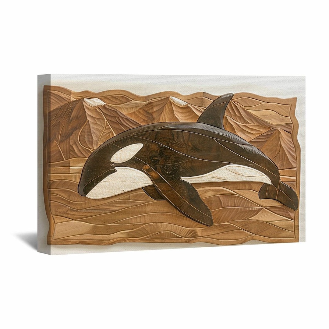 Orca Wall Art, Carving Wall Decor, Sleek Tapestry, Wooden Canvas Wrap ...