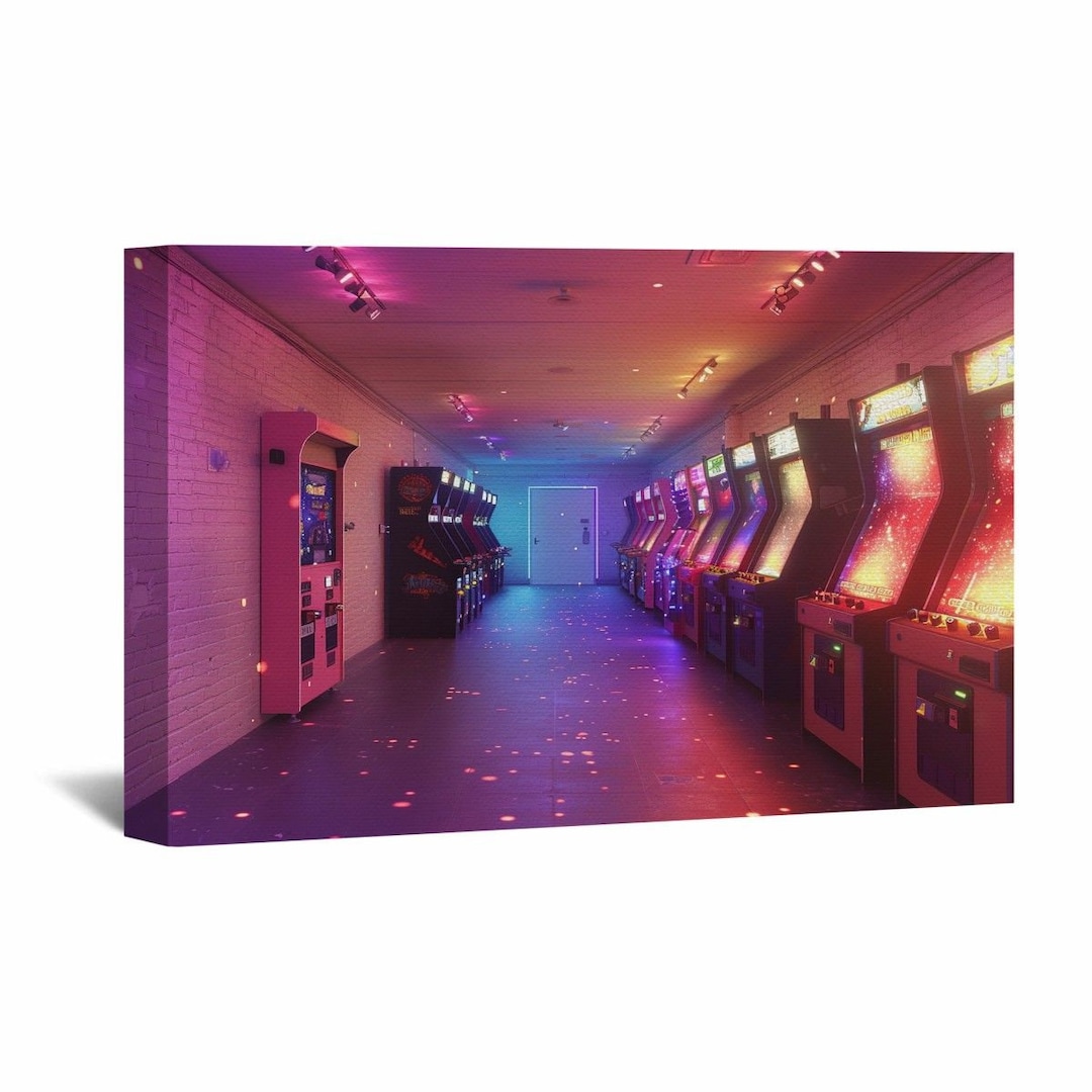 Arcade Wall Art, Entertainment Wall Decor, Gaming Tapestry, Neon Canvas ...