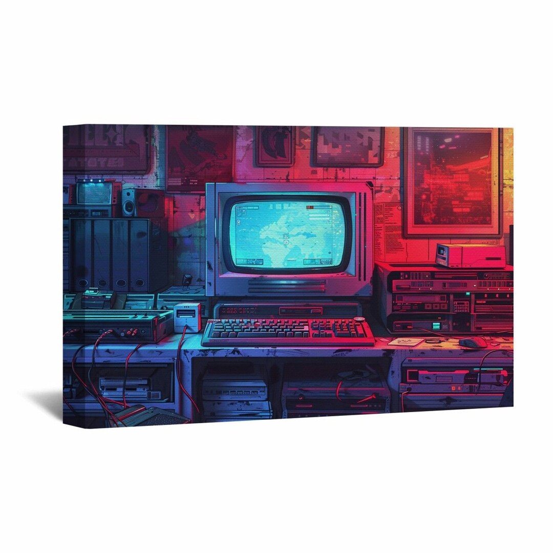 Computer Setup Wall Art, Technology Wall Decor, Cyber Tapestry, Neon ...