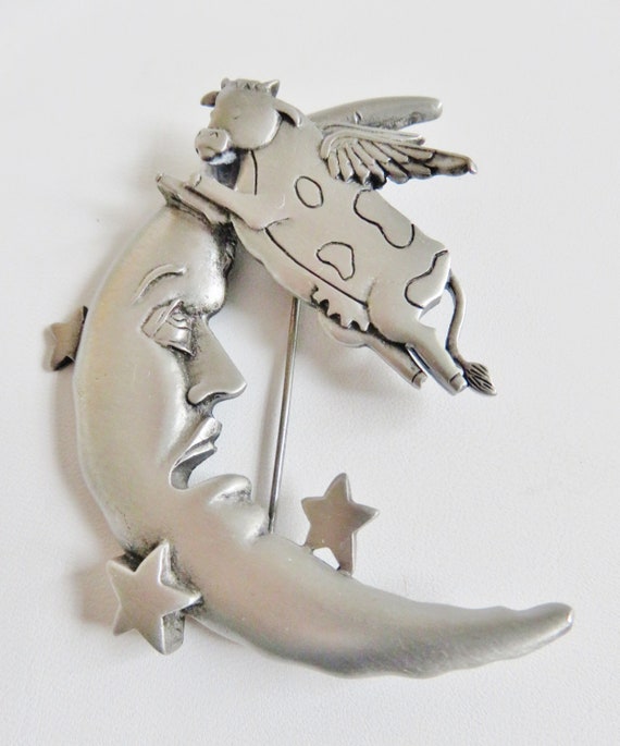 JJ Jonette The Cow Jumped Over The Moon Brooch Pin - Gem
