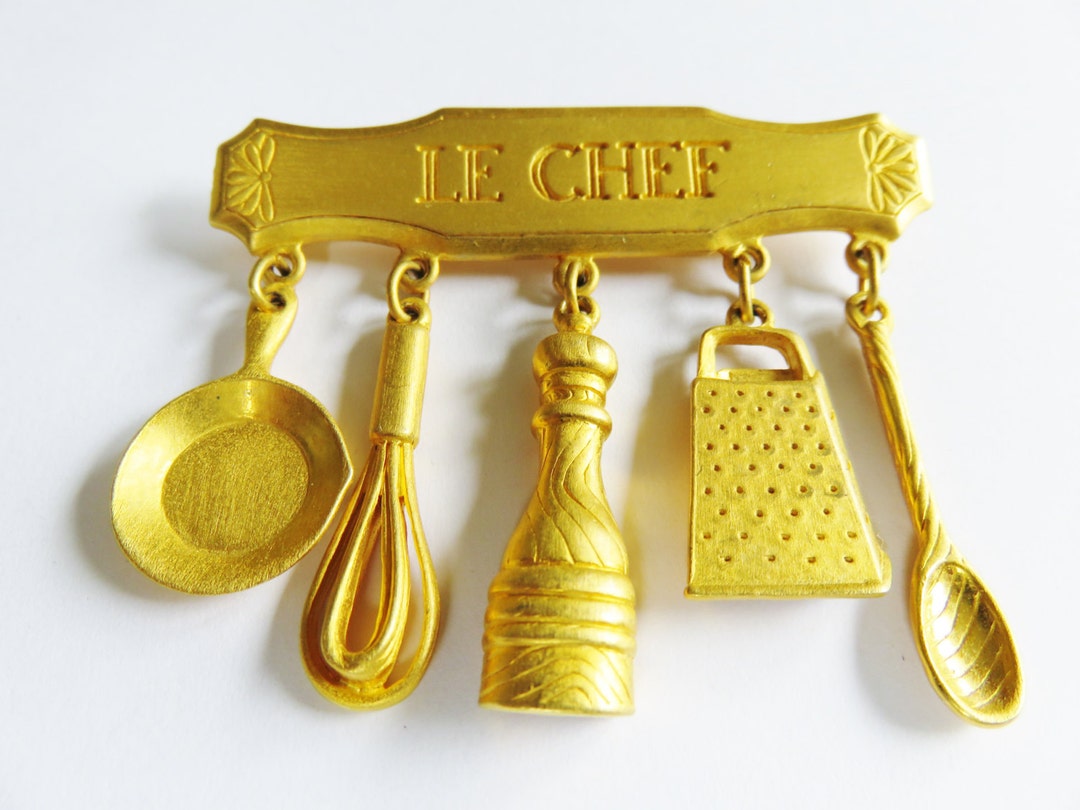 Rare/jj Jonette Gold Tone le Chefbrooch Pin With Dangling Cooking ...