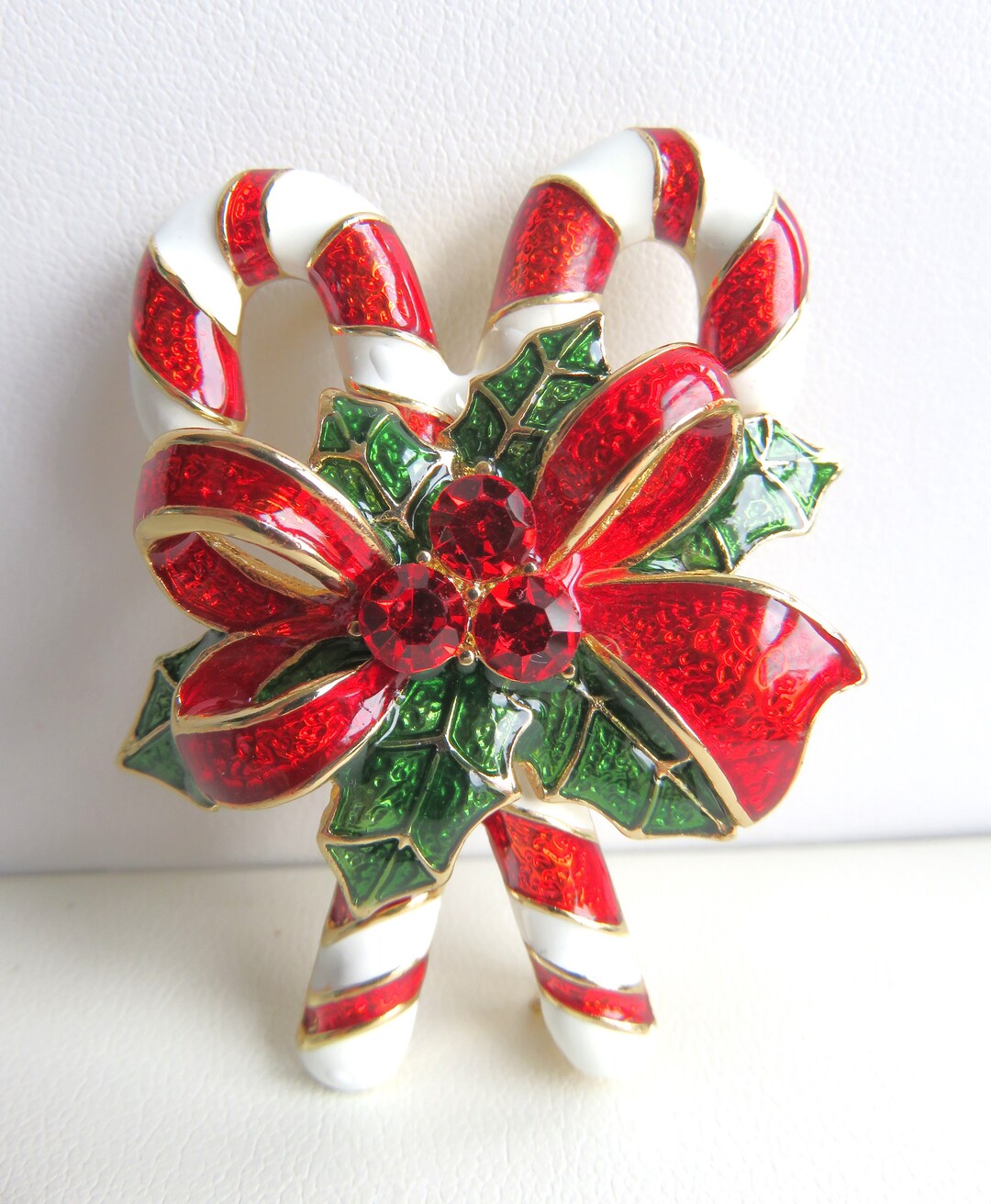 Napier Double Candy Canes With Red Bow and Holly Brooch - Etsy