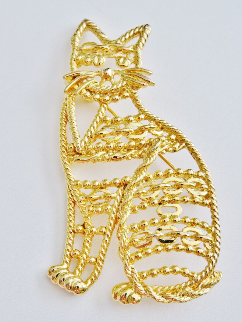 AJC Gold Tone Filigree Cat Kitten Brooch Pin | Etsy