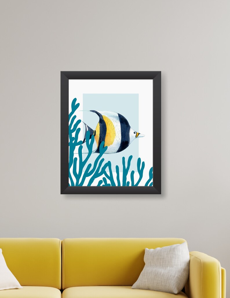 Printable Wall Art, Black, White, and Yellow Tropical Fish, Coastal Art ...