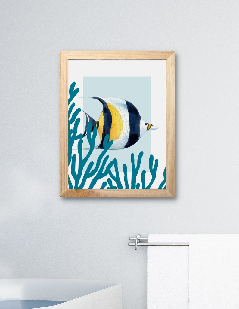 Printable Wall Art, Black, White, and Yellow Tropical Fish, Coastal Art ...